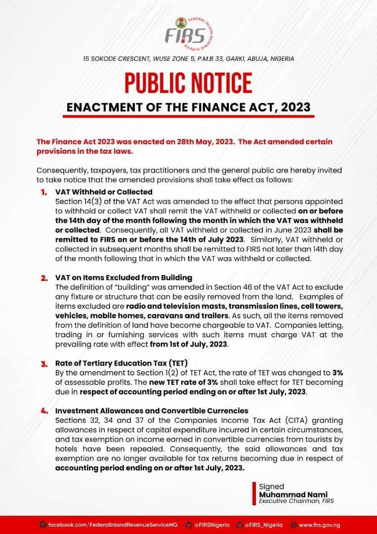 PUBLIC NOTICE ON ENACTMENT OF THE FINANCE ACT, 2023